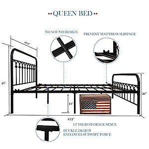 YALAXON Vintage Sturdy Queen Size Metal Bed Frame with Headboard and Footboard Basic Bed Frame No Box Spring Needed (Queen,Black)