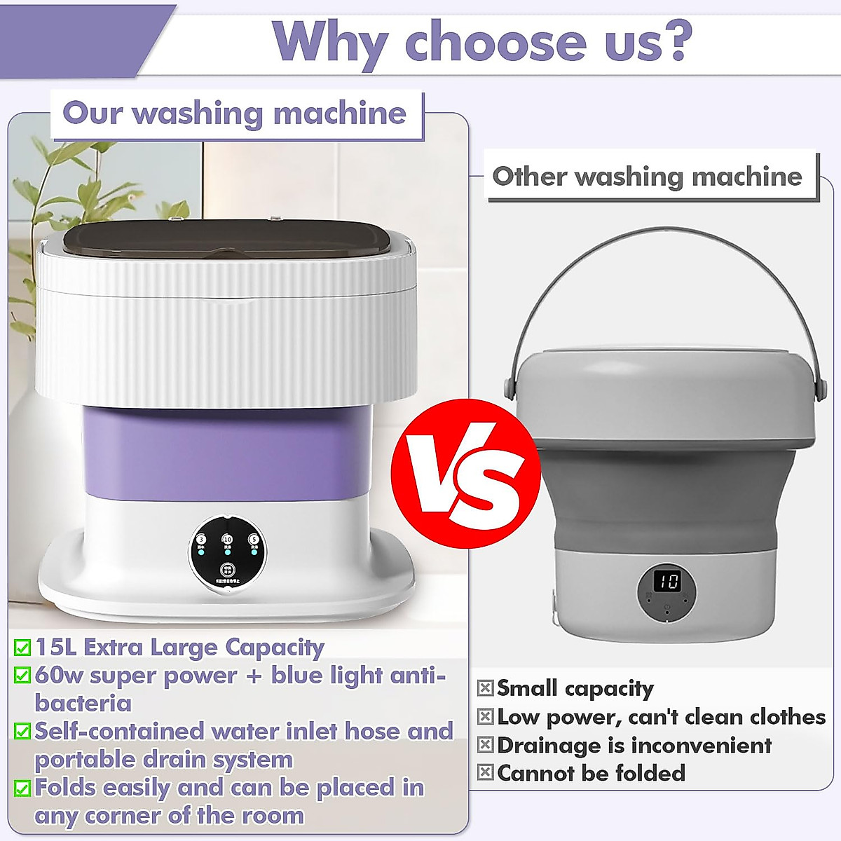 Portable Washing Machine, 15L Upgraded Mini Washing Machine and Spin Basket Deep Cleaning of Baby Clothes or Underwear, Small Foldable Washing machine for Apartments, Camping, Travel Laundry (PURPLE)