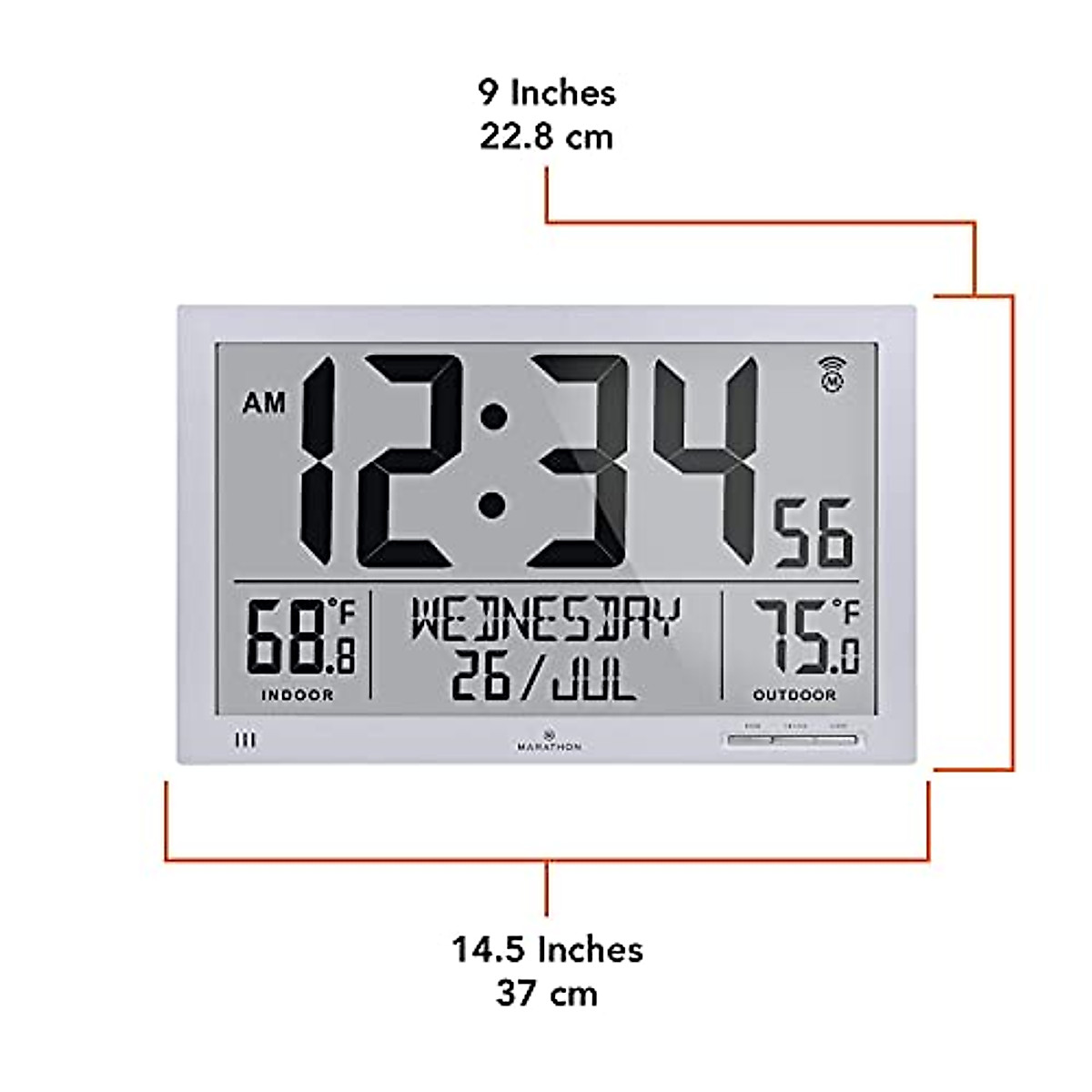 MARATHON Atomic Full Calendar Clock with Extra Large Digits Indoor and Outdoor Temperature