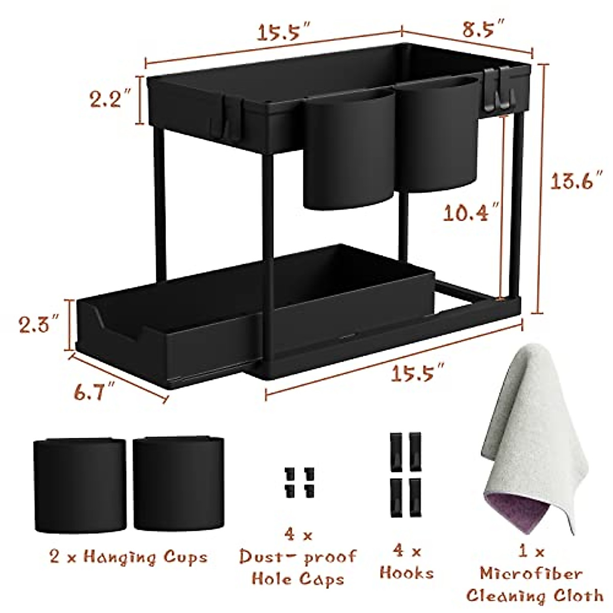 HEVOL Under Sink Organizers and Storage,2 Tier Bathroom Sink Organizer Sliding Drawer with 4 Hooks & 2 Hanging Cups,Multi-purpose Storage Shelf for Kitchen Bathroom Organizer - Send 1 Cleaning Cloth