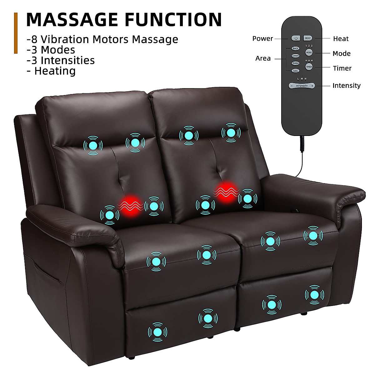 VUYUYU 2 Seater Recliner Sofa - Double Reclining Loveseat with Massage & Heating - PU Leather Home Theater Seating Manual Recliner Motion Living Room Chair (Brown)