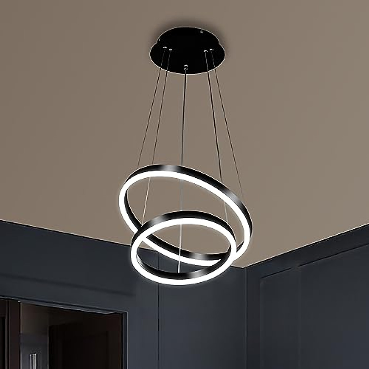 Viruhaka Dimmable LED Pendant Light Dining Room 50W LED Modern Chandelier Black Living Room 2 Ring Pendant Lighting Entryway with 59in Cord Adjustable,6000K Daylight