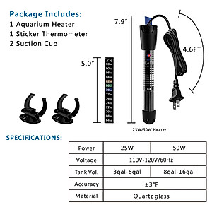 DOMICA 50W Adjustable Aquarium Heater, Submersible Water Heater for Small Fish Tank (8-16 gallons) with Free Thermometer Sticker