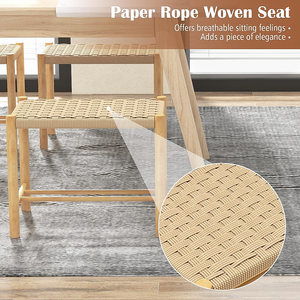 COSTWAY Patio Wooden Dining Stools Set of 2, 22-inch Wide Rustic Backless Saddle Stools with Rubber Wood Frame and Woven Paper Seat, 18-inch Height Outdoor/Indoor Counter Stools for Backyard Kitchen