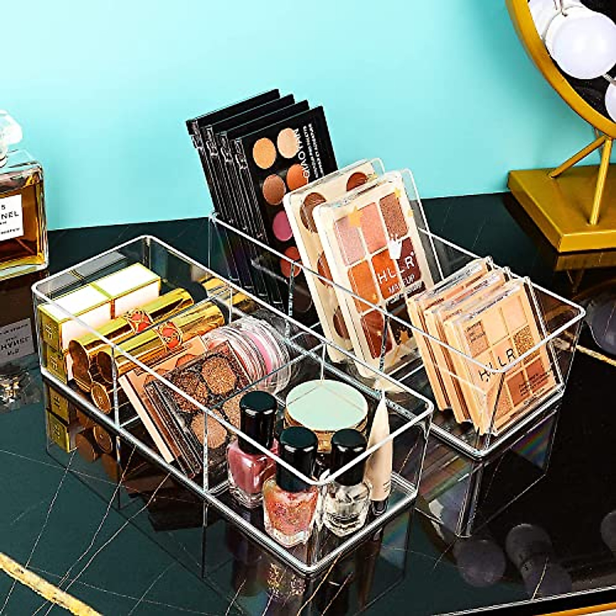 JessLab Acrylic Organizer, 2PK Cube Sections Makeup Organizer for Drawer, Makeup Organizer for Vanity, Countertop, Bathroom, Kitchen and Cabinet Storage(3+3 Compartment)