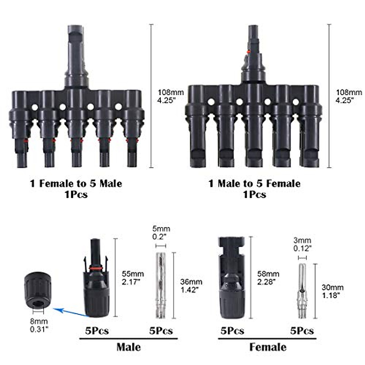 Glarks Solar Panel Connectors 1 Male to 5 Female and 1 Female to 5 Male T Branch Connectors Cable Coupler Combiner and 5 Pair Male/Female Solar Panel Cable Connectors Set (M/5F and F/5M)