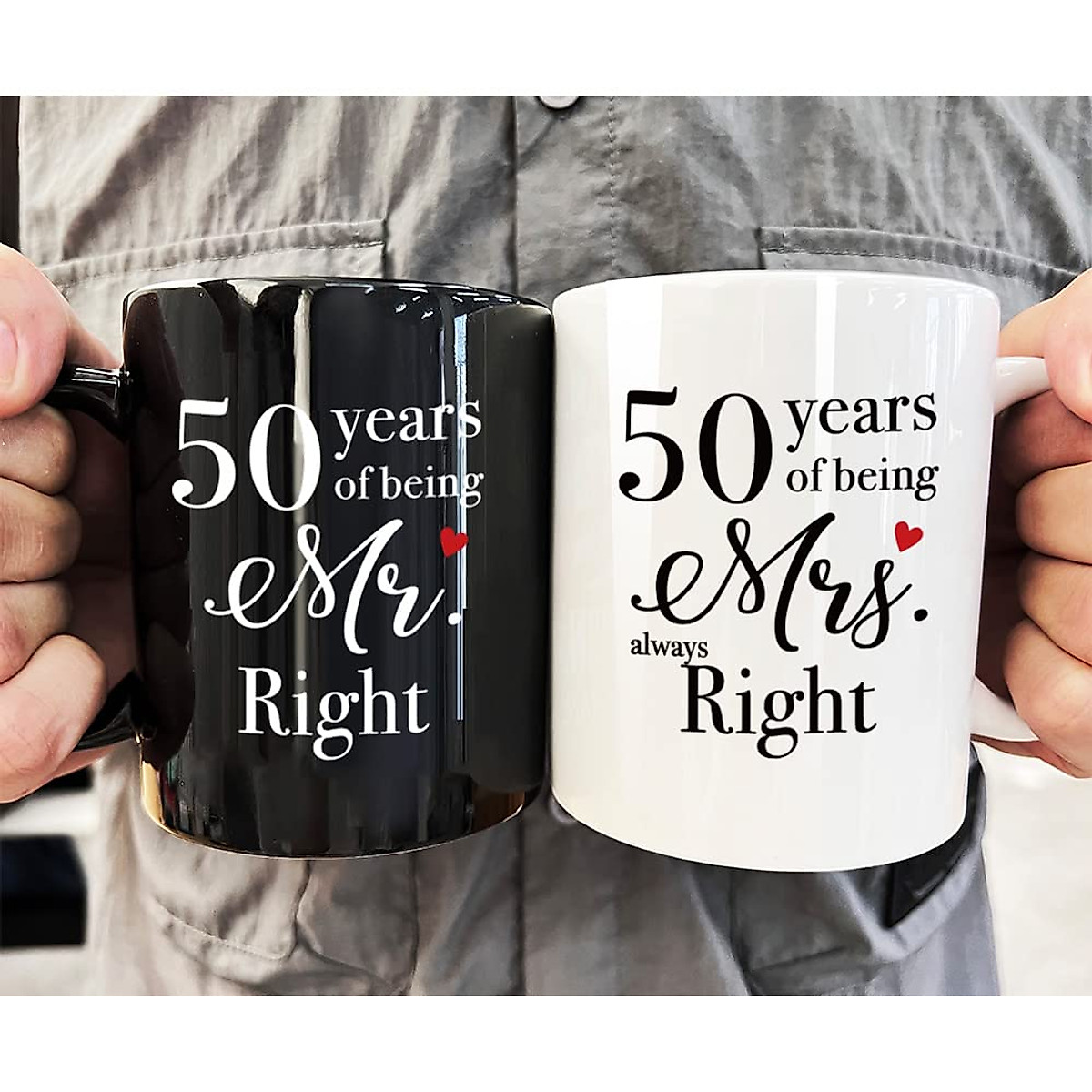 FALJIOK 50 Year Anniversary Coffee Mugs Set of 2, 50 Years of Being Mr Right &amp; Mrs Always Right Mug 11oz, 50th Wedding Anniversary Mug Gifts for Couple Parents Grandparents