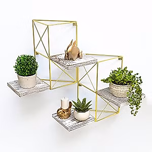 J JACKCUBE DESIGN Wall Mounted Floating Shelves, Set of 2 Gold Frame and Rustic Wooden Planter Display Organizer Shelf for Bedroom, Living Room, Bathroom, Kitchen and Office Decor- MK687A