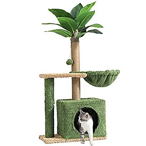 MSmask Cat Tree with Square Condo, Artificial Palm Tree Cat Tower with Sisal Scratching Post, Hammock, Plush Platform, Climbing Nature Cat Tree for Indoor Cats