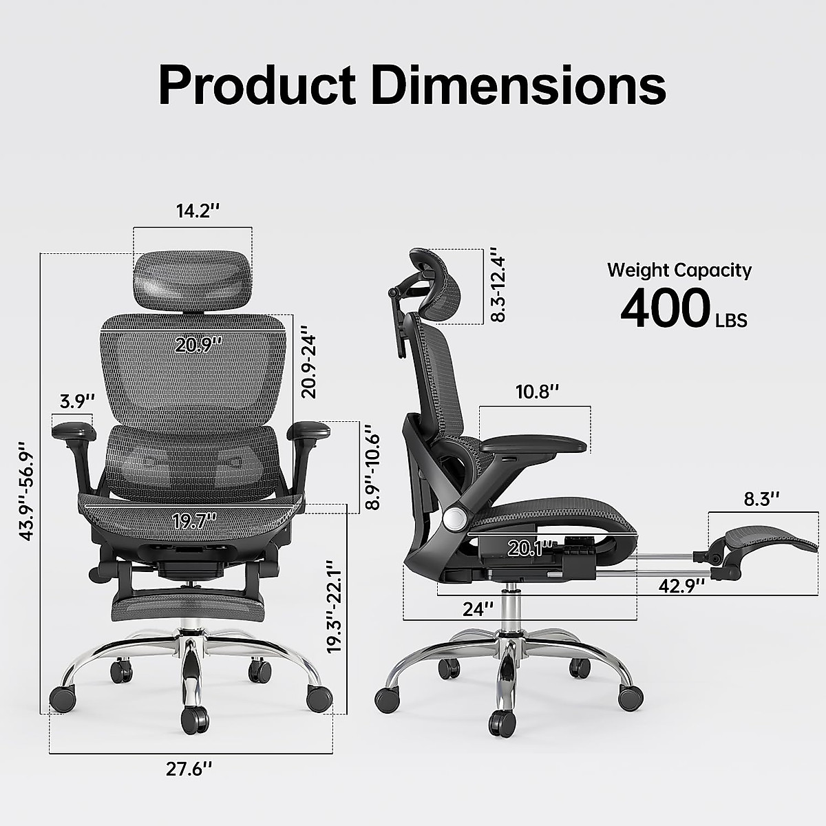 Ergonomic Office Chair, 400 LBS Capacity, Adjustable Adaptive Lumbar Support, High Back Mesh Chair with Flip-up Arms, Retractable Footrest, Gaming Chair