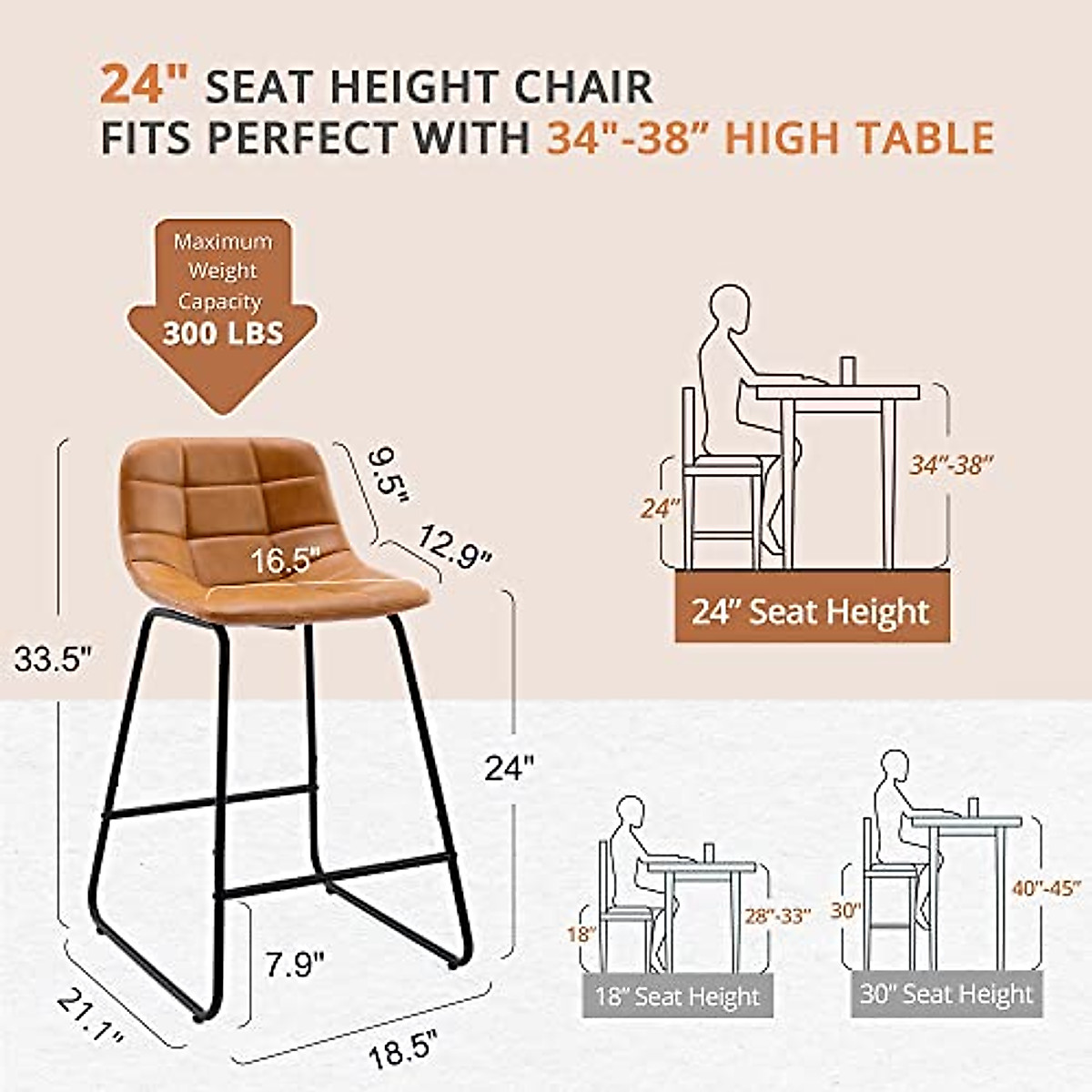 LUE BONA Counter Height Bar Stools, Indoor/Outdoor Mid Century Modern Upholstered Checkered Pattern Leather Dining Chair with Metal Legs, 24" Bar Stools Set of 4, for Kitchen Island, Whiskey Brown
