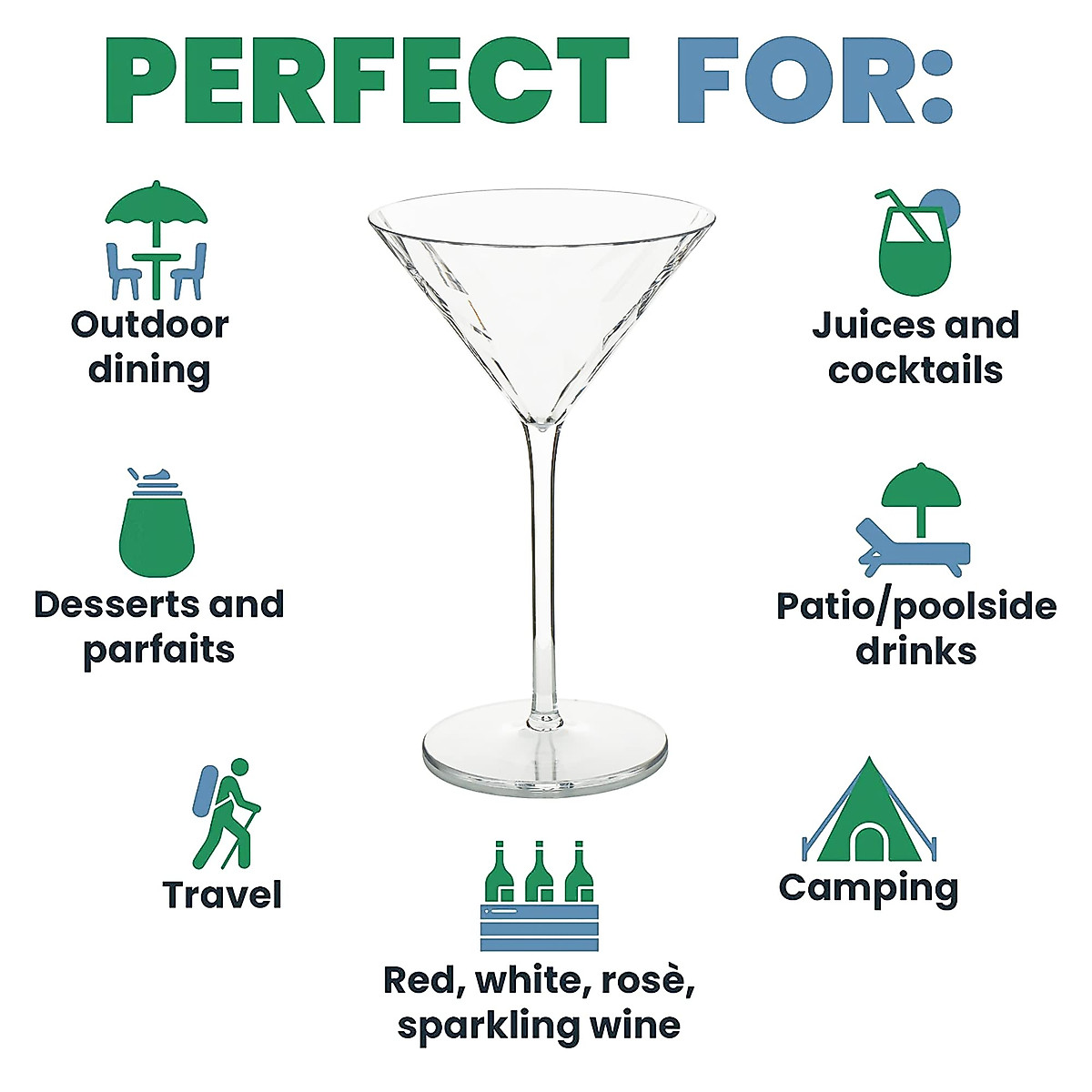 MICHLEY Elegant Cocktail Glasses 100% Tritan Plastic Martini Glasses 8.7oz, Dishwasher Safe, Suitable for Parties, Picnics, Set of 4