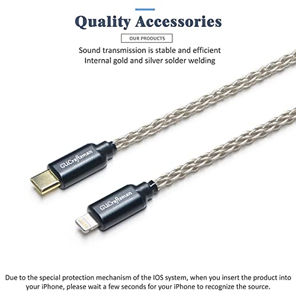 GUCraftsman OTG Cable iOS to Type C/USB C Headphone Amplifier Cable 6N Single Crystal Silver for FiiO BTR5 Q1 Q3 Q3s Qudelix 5K xDuoo Link2 XD-05PLUS E1DA 9038G3 9038S 9038D for iPhone iPad iPod Touch