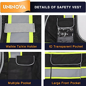 UNINOVA High Visibility Safety Vest - Multi Pockets Reflective Mesh Breathable Workwear, ANSI/ISEA Standards (Large, Black Mesh-02)
