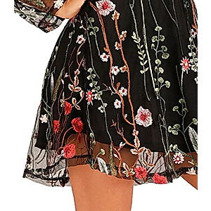 Milumia Women's Floral Embroidery Mesh Round Neck Tunic Party Dress Black Small