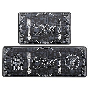 Asrug Anti Fatigue Comfort Kitchen Standing Desk Mat Decorative Ergonomic Floor Pad Kitchen Rug Waterproof Stain Resistance Non Slip Kitchen Set, 17.3''x27.6''+17.3''x47.2'', Eat Well