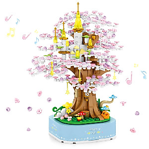 Charming 608-Piece Rotating Sakura Treehouse Music Box Building Blocks Set - Educational Puzzle Toy, for Kids Over 6 and Adults