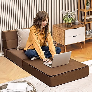 RELAX4LIFE Folding Sofa Bed Chair - 3-in-1 Convertible Couch Sleeper, Floor Futon Couch w/Removable Cover & Full Padded Foam, Fabric Guest Sleeper Chair for Living Room, Study, Apartment (Brown)