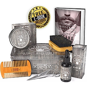Viking Revolution Beard Care Kit for Men - Ultimate Beard Grooming Kit includes 100% Boar Men’s Beard Brush, Wooden Beard Comb, Beard Balm, Beard Oil, Beard & Mustache Scissors in a Metal Box