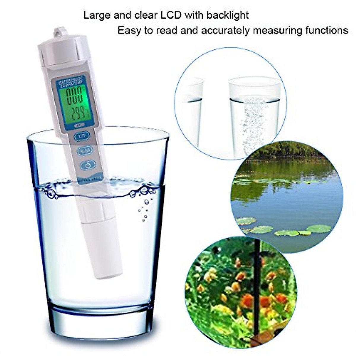 PH/EC/Temp Meter Professional 3 in 1 Portable High Accuracy Handheld Pen Testing Water Quality Tester Meter