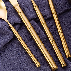Tunkeny 64 Piece Golden Bamboo Flatware Set, Exquisite Silverware Set for 16, 18/10 Stainless Steel Flatware Cutlery Set, Durable Tableware Set, Mirror Polished, Dishwasher Safe