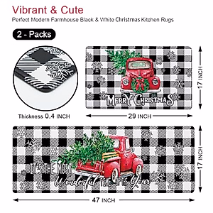 INFISIBLE Black and White Buffalo Plaid Christmas Kitchen Rugs, Non Slip Anti Fatigue Kitchen Mats Set of 2, Red Truck Christmas Decorations Cushioned Kitchen Rug for Floor and Sink