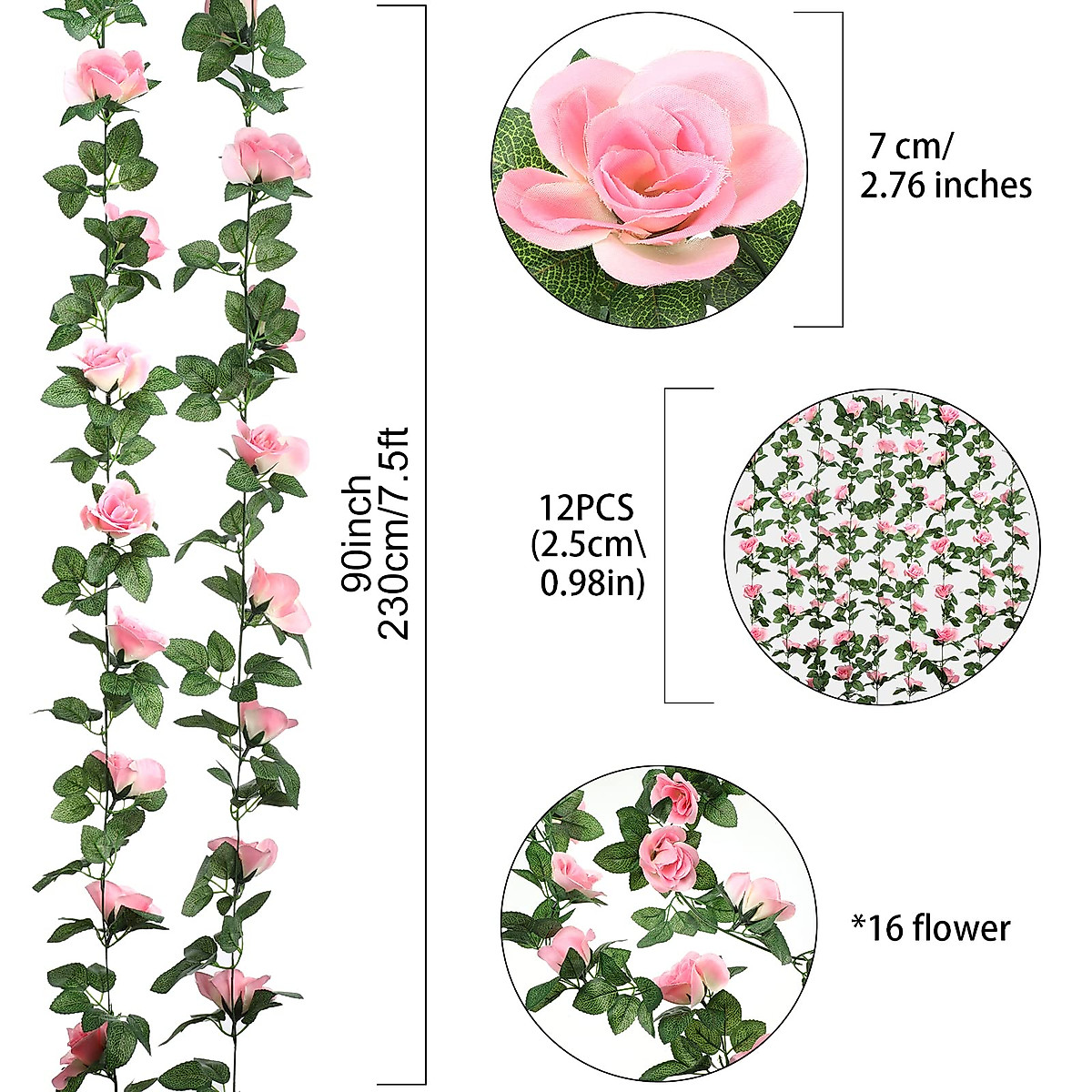 Hoteam 12 Pcs (90 Ft) Pink Fake Rose Vine Garlands for Wedding Artificial Rose Vine Plants Room Decor Flowers Hanging Rose Garland for Wall Wedding Party Backdrop Garden Craft Art Decorations
