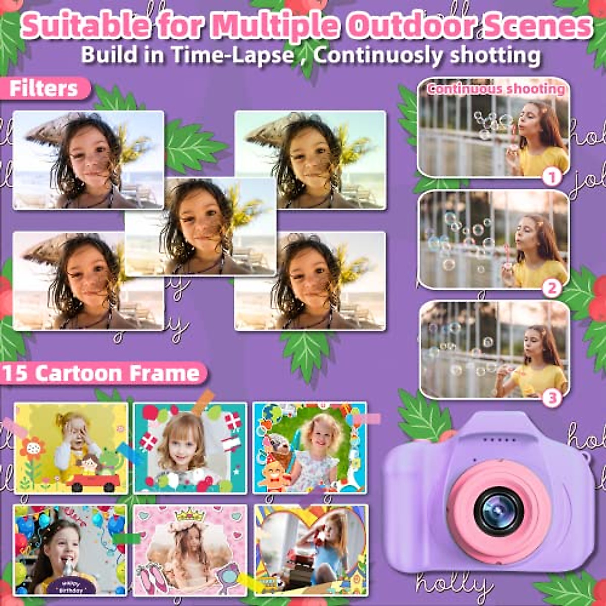 Miiulodi Kids Waterproof Camera - Birthday Gifts for 3 4 5 6 7 8 9 10 Year Old Girls 2 Inch IPS Screen Underwater Action Camera with 32 GB SD Card, Pool Toys for Kids Age 8-12 Pink