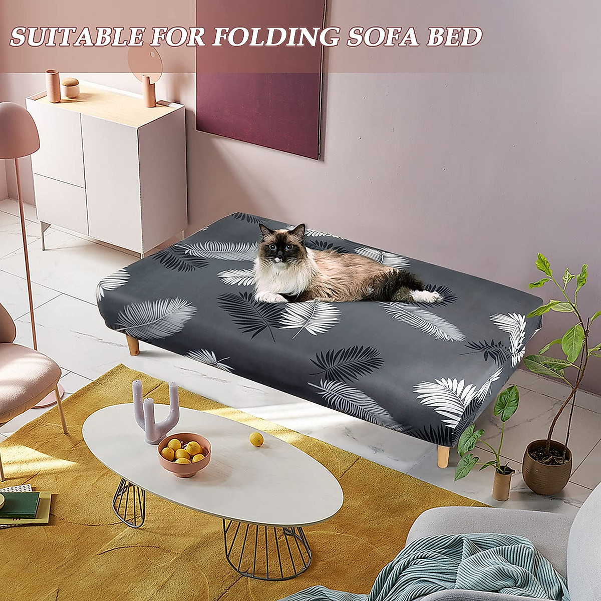 LiveGo Armless Futon Slipcovers Stretch Folding Sofa Bed Cover with Elastic Bottom, Printed Fitted Couch Cover Furniture Protector for Pets, Kids (Dark Grey)