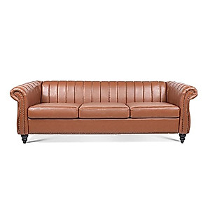 NewCosmos 83.46" Brown PU Rolled Arm Chesterfield Three Seater Sofa.
