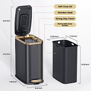 Small Bathroom Trash Can with Lid-5L/1.3 Gal Stainless Steel Step Pedal Trash Can Slim Metal Wastebasket-Narrow Rectangle Garbage Container Bin/w Inner Bucket for Kitchen Bedroom Office Toilet-Black