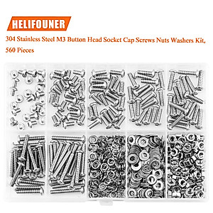 HELIFOUNER 560 Pieces M3 x 4mm /6mm /8mm /10mm /12mm /16mm /20mm, Button Head Socket Cap Screws Bolts Washers Nuts Kit, 304 Stainless Steel