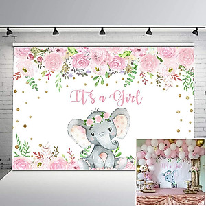 Mocsicka Elephant Baby Shower Backdrop Girl Pink Floral Little Elephant Baby Shower Background 7x5ft Blush Pink and Gold Sprinkle Elephant Baby Shower Backdrop Decorations for Girls