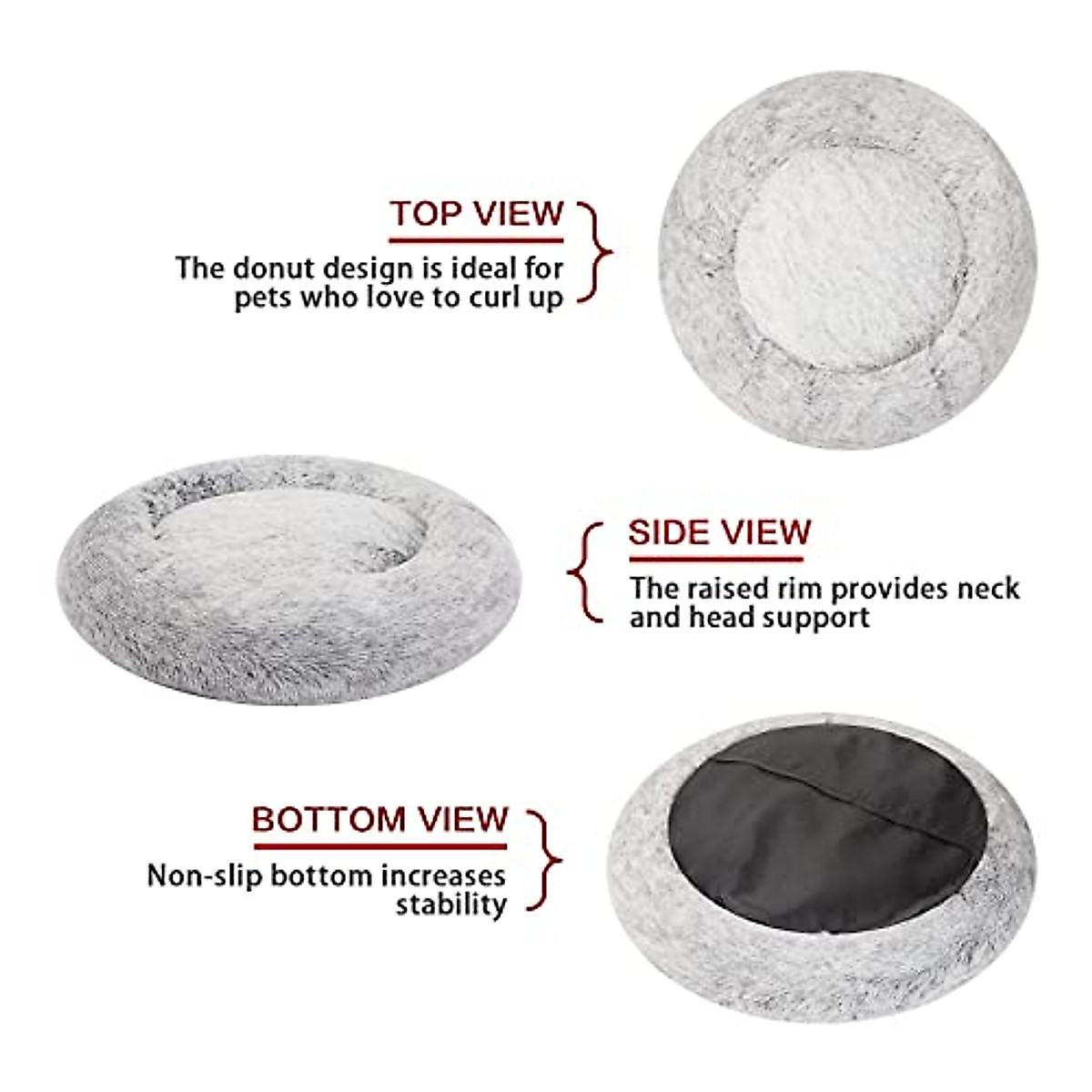 Bedfolks Calming Donut Dog Bed, 36 Inches Round Fluffy Dog Beds for Large Dogs, Anti-Anxiety Plush Dog Bed, Machine Washable Pet Bed (Dark Grey, Large)