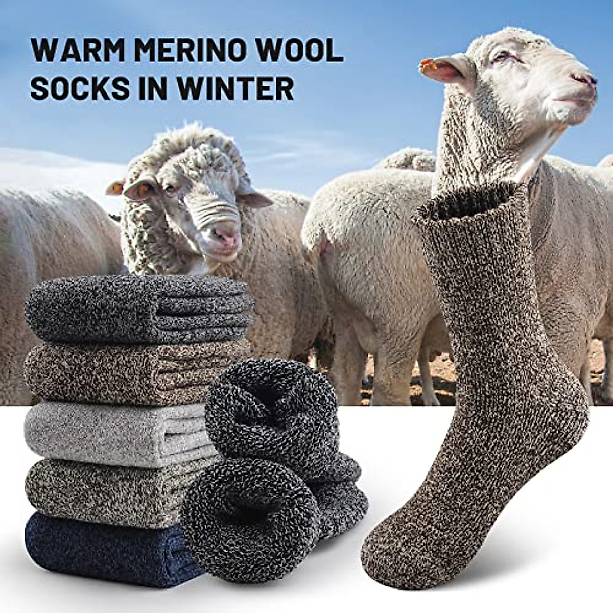 SIMIYA 5 Pairs Merino Wool Socks for Men, Thick Winter Wool Hiking Socks, Warm Breathable Crew Mens Socks（Fit USA Size 7-13