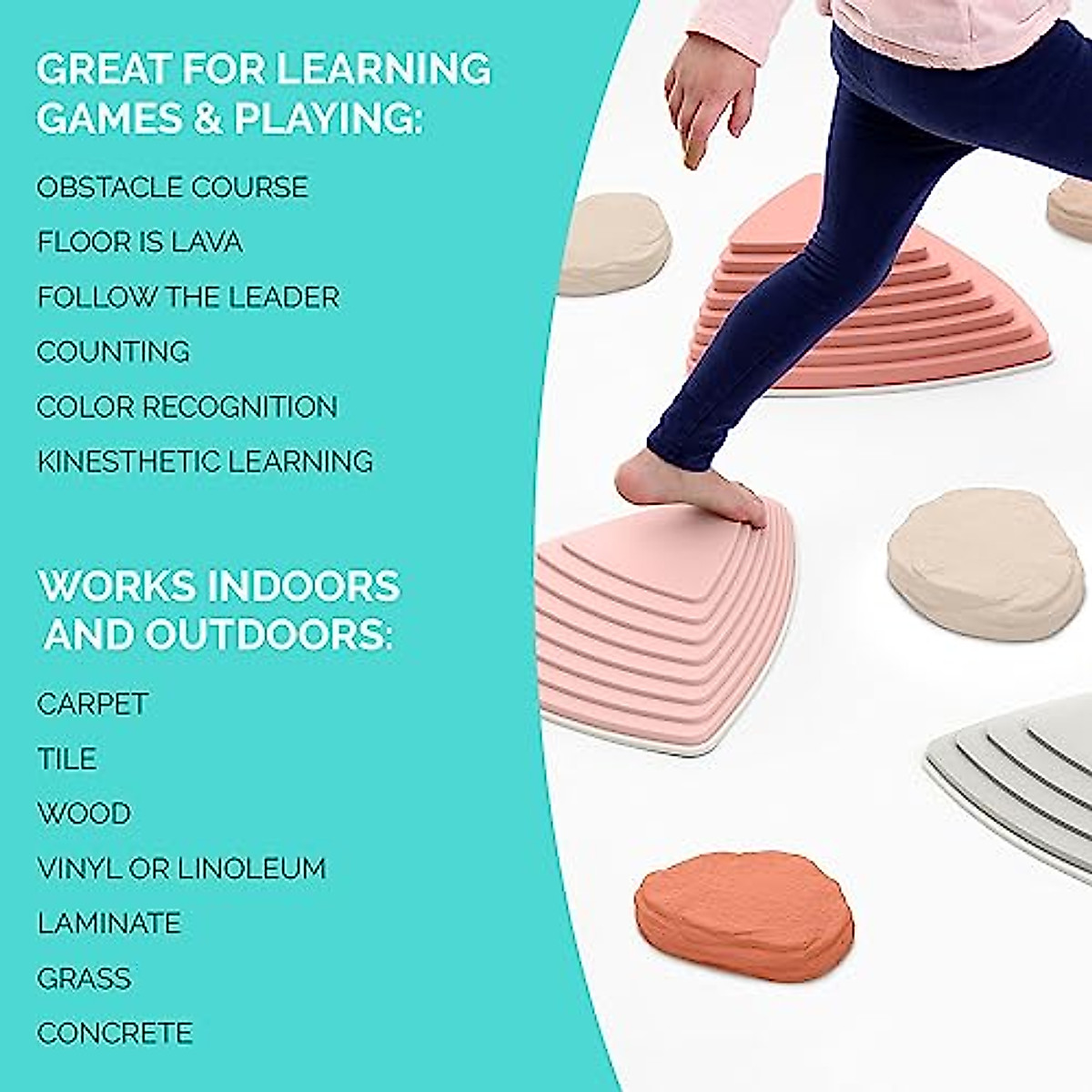 JumpOff Jo - Rocksteady Plus - Balance & Coordination Enhancing Blocks and Puddle Jumper Foam Stones, Sensory Toys for Kids - Indoor and Outdoor Obstacle Course, Set of 12 Pieces - Desert Rose