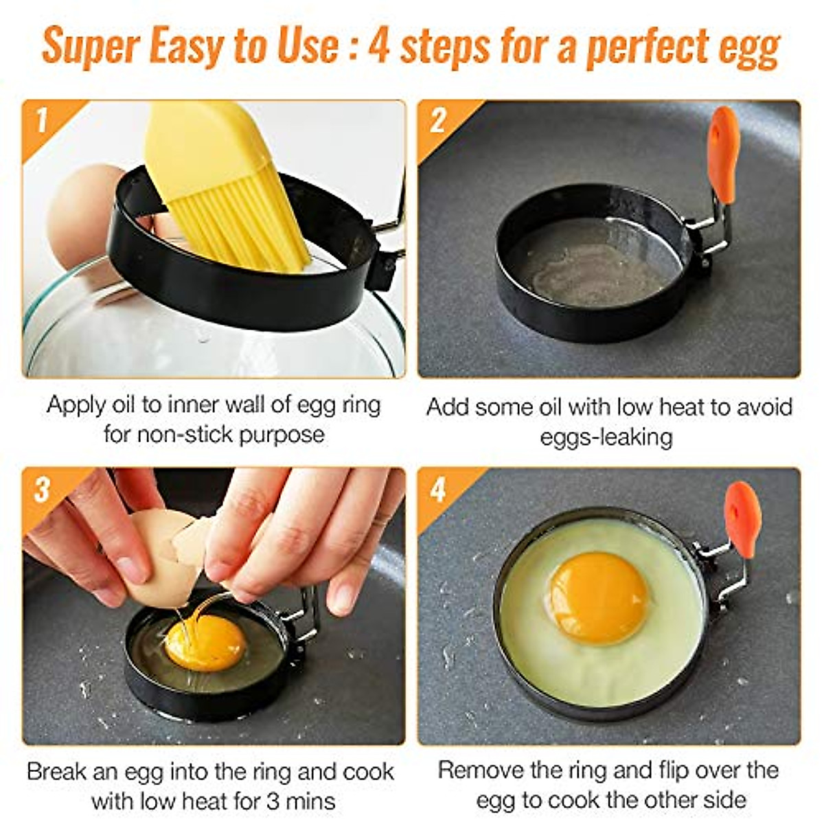 meidong Egg Ring 3 Packs in 3 Sizes Anti-Scald Egg Rings for Frying Leak-Proof with an Oil Brush Fold-up Stainless Handle Nonstick Egg Rings Mold (3 + 3.6 + 4.2 inch)