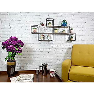 Admired By Nature White Oak Wood Modern Offset Mounted Metal Hanging Storage Floating Shelves, Black, ABN5E159-NTRL Wall Shelf