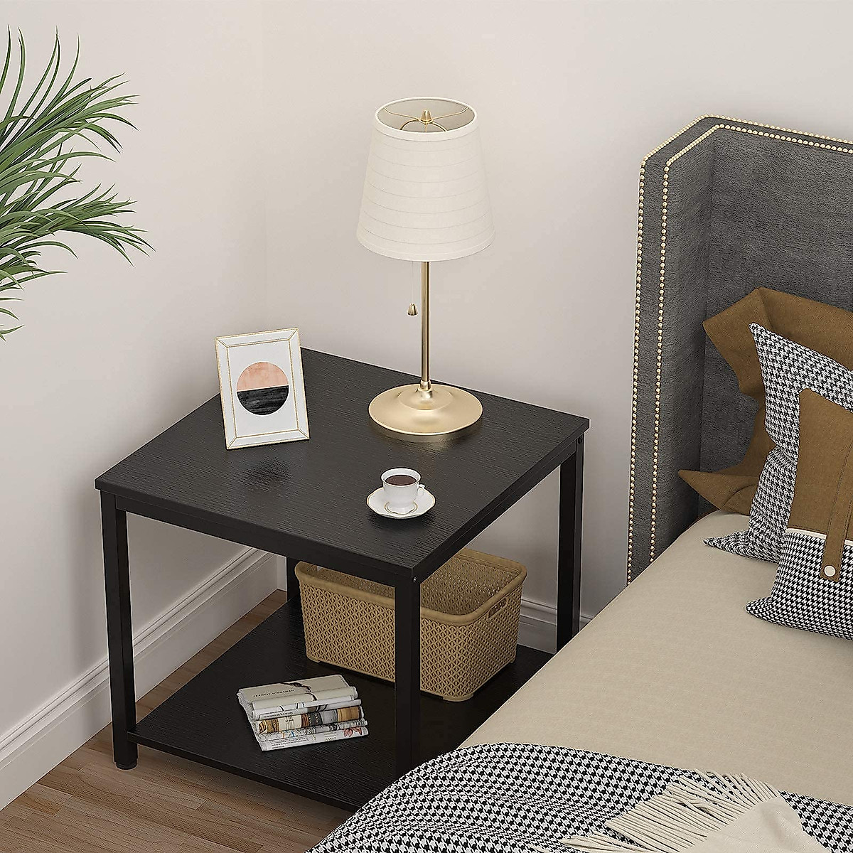 Homieasy Side Table 20 Inch Square, 2-Tier Coffee Tea End Table Nightstands for Sofa Couch Bed, Metal Wood Accent Modern Simple Industrial Style Side Table for Living Room Bedroom, Black