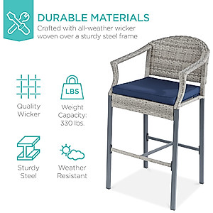 Best Choice Products 3-Piece Patio Bar Table Set, Outdoor Wicker Bar Height Bistro Furniture for Backyard, Poolside, Balcony w/Barstools, Cushions, Steel Frame – Gray/Blue