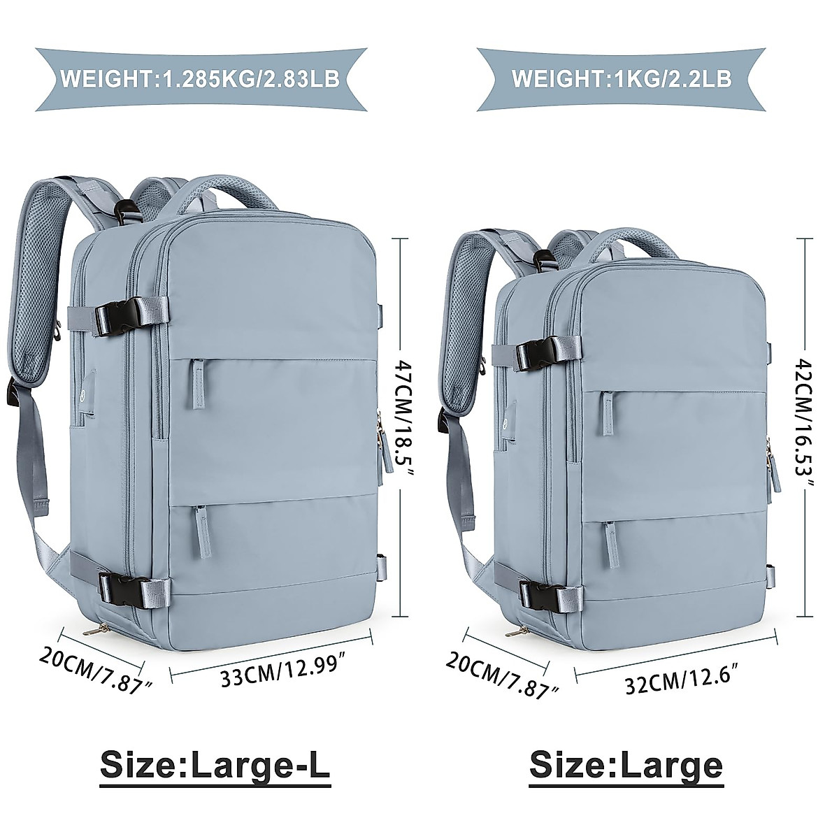 coowoz Large Travel Backpack For Women Men,Carry On Backpack Flight Approved,Hiking Backpack Waterproof Outdoor Rucksack Casual Daypack Fit 15.6 Inch Laptop Shoes Compartment (Gray Blue-L)