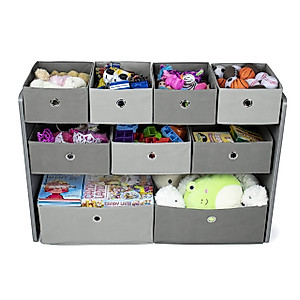 Humble Crew Kids Toy Organizer with 9 Storage Fabric Bins, Grey & Grey/White Kids Book Rack Storage Bookshelf, 4 Tiers