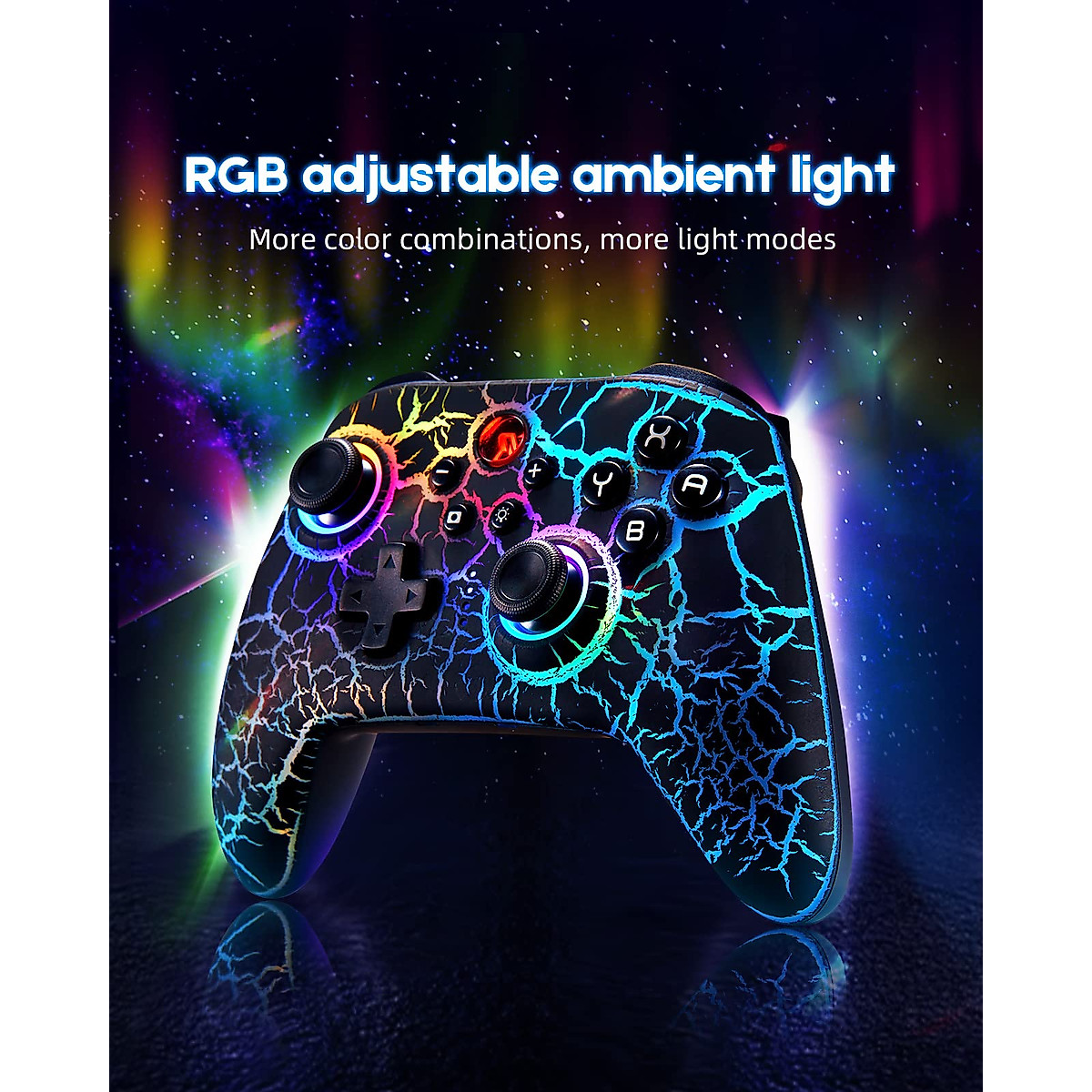 BINBOKPLAY Switch Controller, Wireless Switch Pro Controller for Switch/Switch Lite/Switch OLED, RGB Adjustable LED Wireless Remote Gamepad with Unique Crack/Motion control/Turbo/ALPS Joystick (Black)