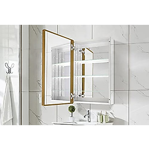 FOMAYKO Aluminum Bathroom Medicine Cabinet with Farmhouse Gold Framed 16x26 Inches Recess or Surface Mount Mirror Cabinet for Bathroom Toilet Kitchen