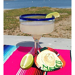 Dos Sueños Mexican Hand Blown Glass - Set of 4 Hand Blown Margarita Glasses - Cobalt Blue Rim (16 oz)