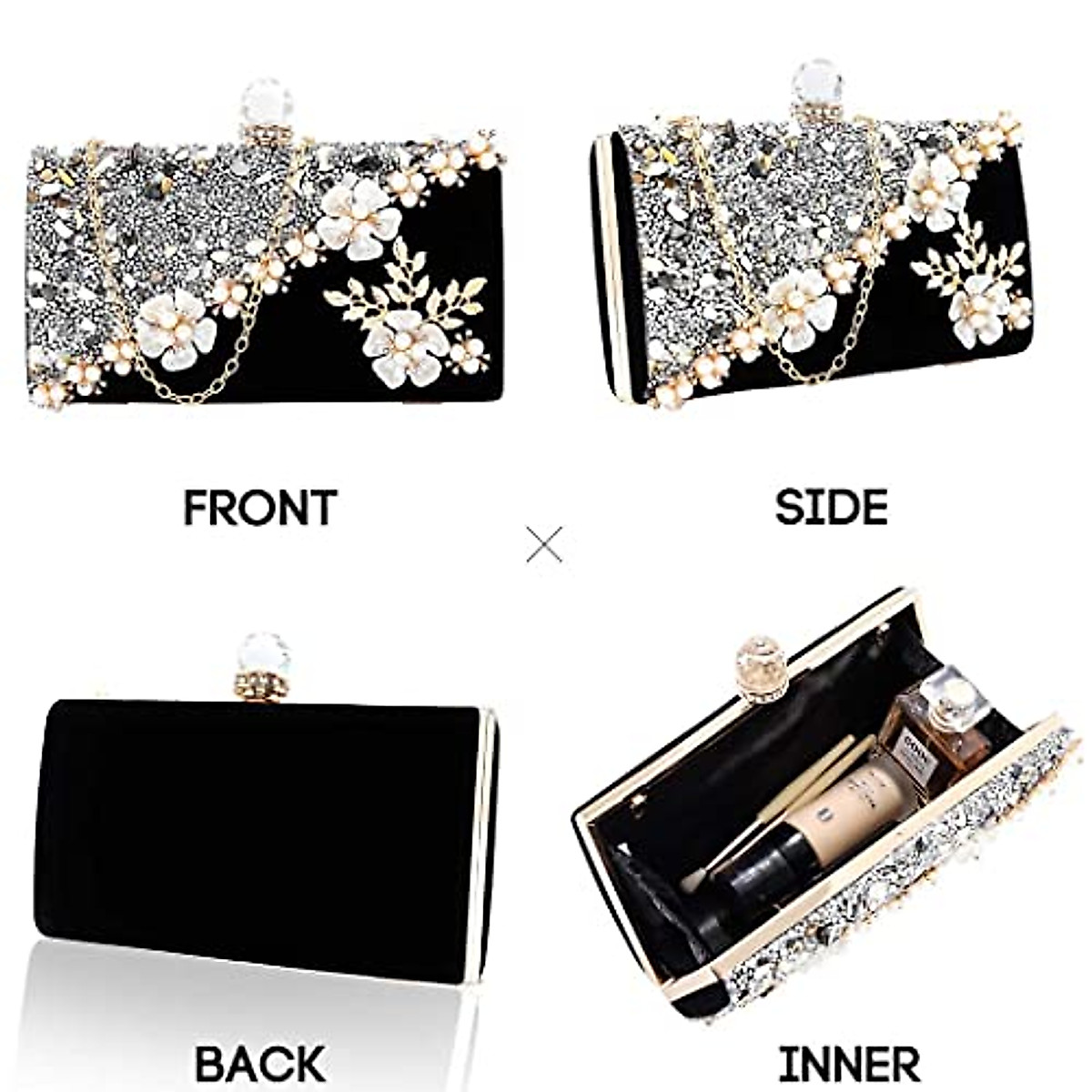 Barode Rhinestone Clutches Flower Black Evening Bag Crystals Crossbody Bags Pearl Bride Wedding Clutch Purses Floral Velvet Prom Handbags for Women