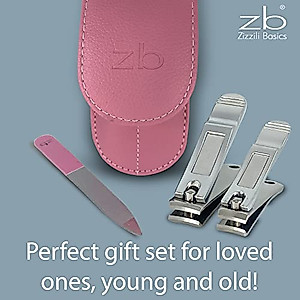 Zizzili Basics 3 Piece Nail Clipper Set and Sherbet Ombré Slant Tweezers for Eyebrow and Facial Hair Removal - Fingernail & Toenail Clippers with Nail File and Pink Travel Case - Bundle