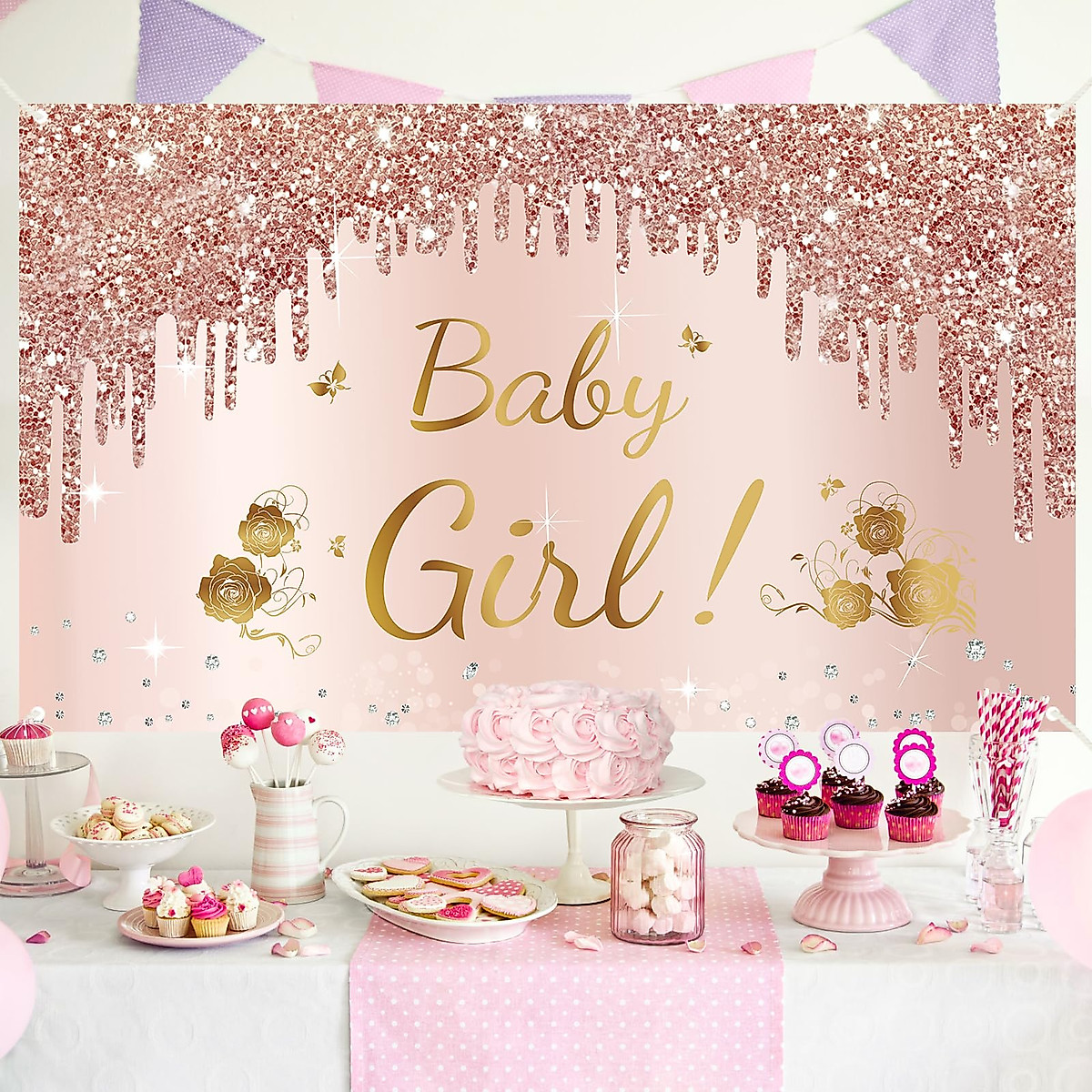 Baby Shower Decorations Baby Girl Banner, Pink Rose Gold Baby Girl Shower Backdrop Party Supplies, Pink Sweet Baby Shower Poster Background Photo Booth Props Decor