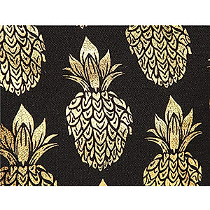 Chandy Metal Gold Pineapple Printed Canvas Beach Tote Bag With Leather Handle (Black), Large