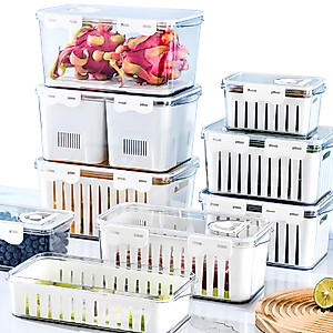 Oiperiey 3-Pack Fridge Vegetable and Fruit Storage Containers, Creative Timer Refrigerator Drain Storage Box, BPA-Free Kitchen Storage Box with Ventilation Holes to Keep Food Fresh